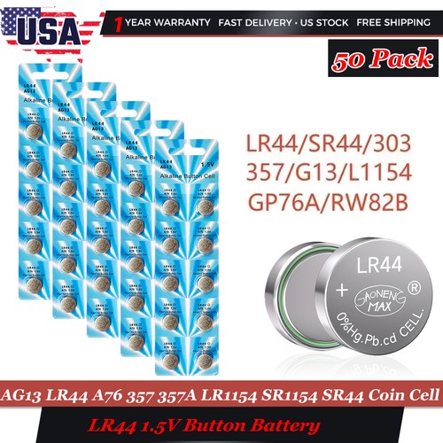 50Pcs AG13 LR44 A76 357 357A LR1154 SR1154 SR44 1.5V Button Battery ...