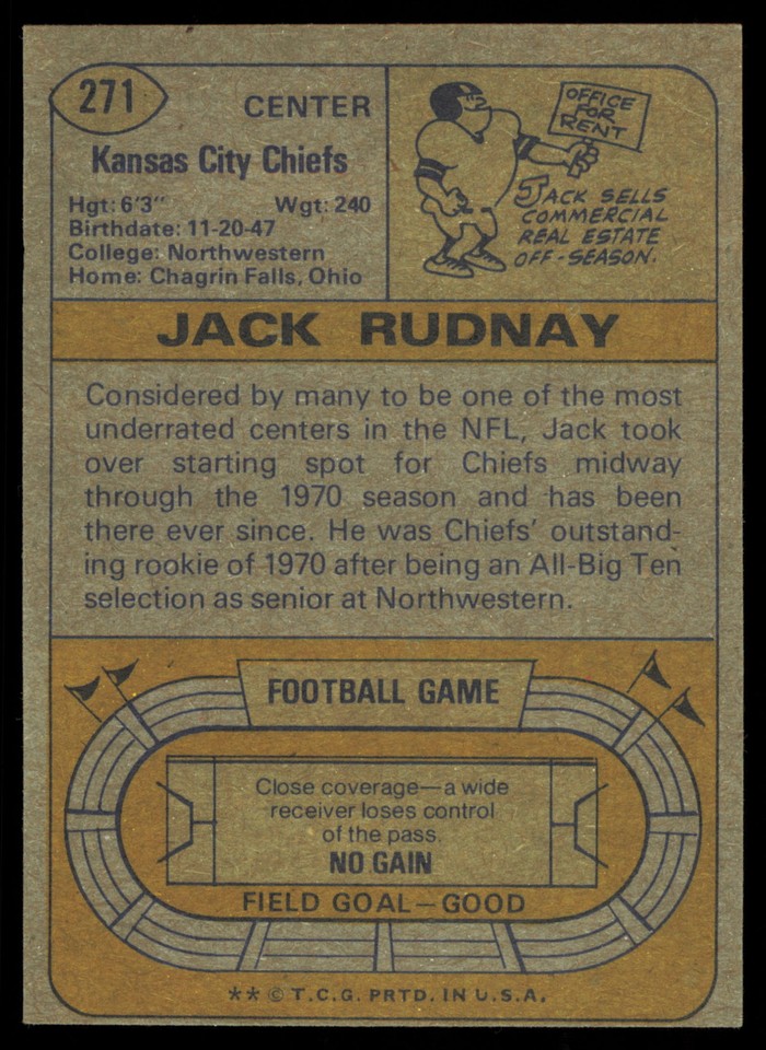 1974 Topps Football #271 Jack Rudnay Kansas City Chiefs | eBay