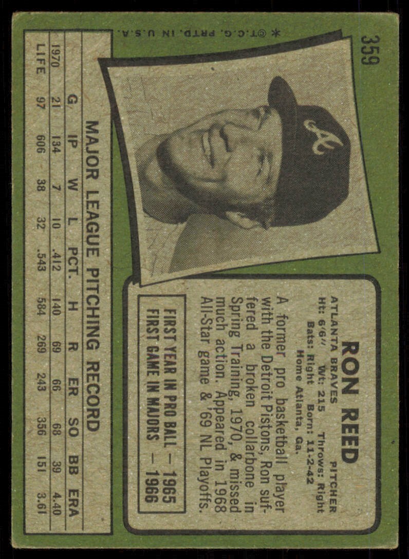1971 Topps Base Set Ron Reed Atlanta Braves #359 | eBay