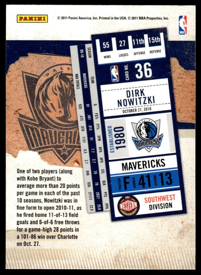2010-11 Playoff Contenders Patches 36 Dirk Nowitzki Mavericks ...