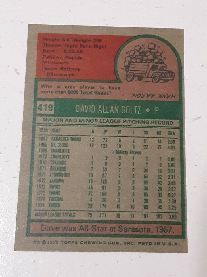 Dave Goltz Minnesota Twins 1975 Topps Autograph Card #419 READ ...