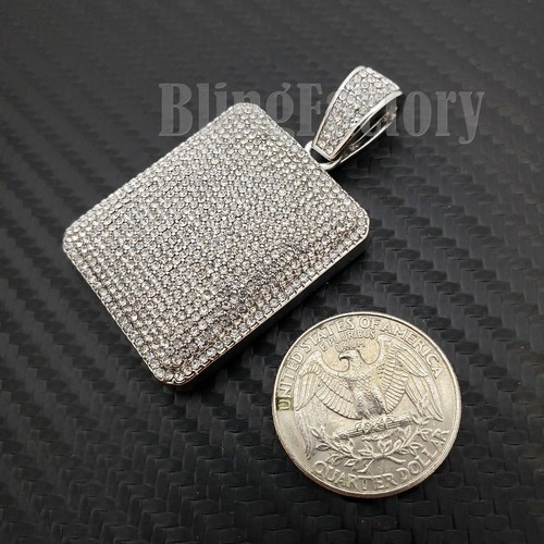 HIP HOP FULL ICED ICY CUBIC ZIRCONIA SILVER PLATED SQUARE DOG TAG CHARM ...