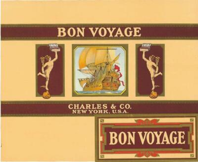 Bon Voyage Mercury galleon ship Charles & Co New York cigar box label ...