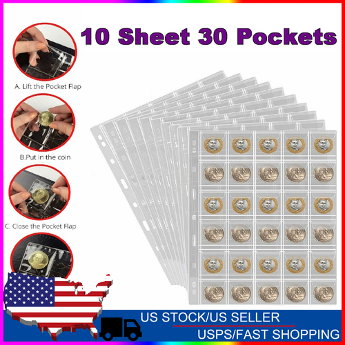 10 Sheets Coin Collection Pages Binder Inserts Sleeves with 9 Hole (30 ...
