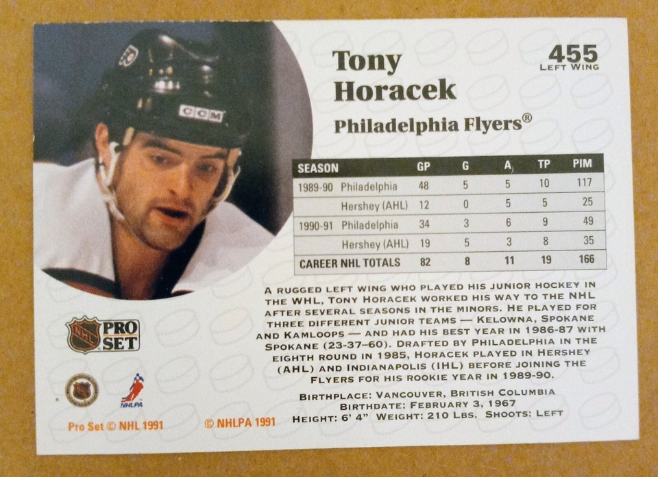 1991-92 Pro Set TONY HORACEK PHILADELPHIA FLYERS Hockey Card #455 . | eBay