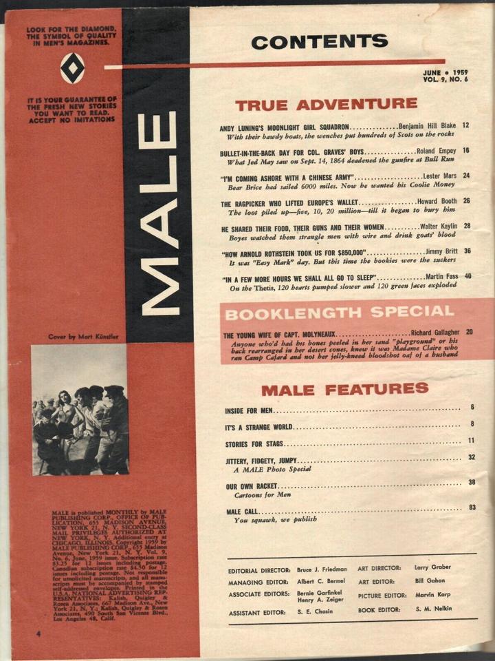 MALE Men's Pulp Style Magazine June 1959 Bama, Pollen, Ryan, Rossi ...