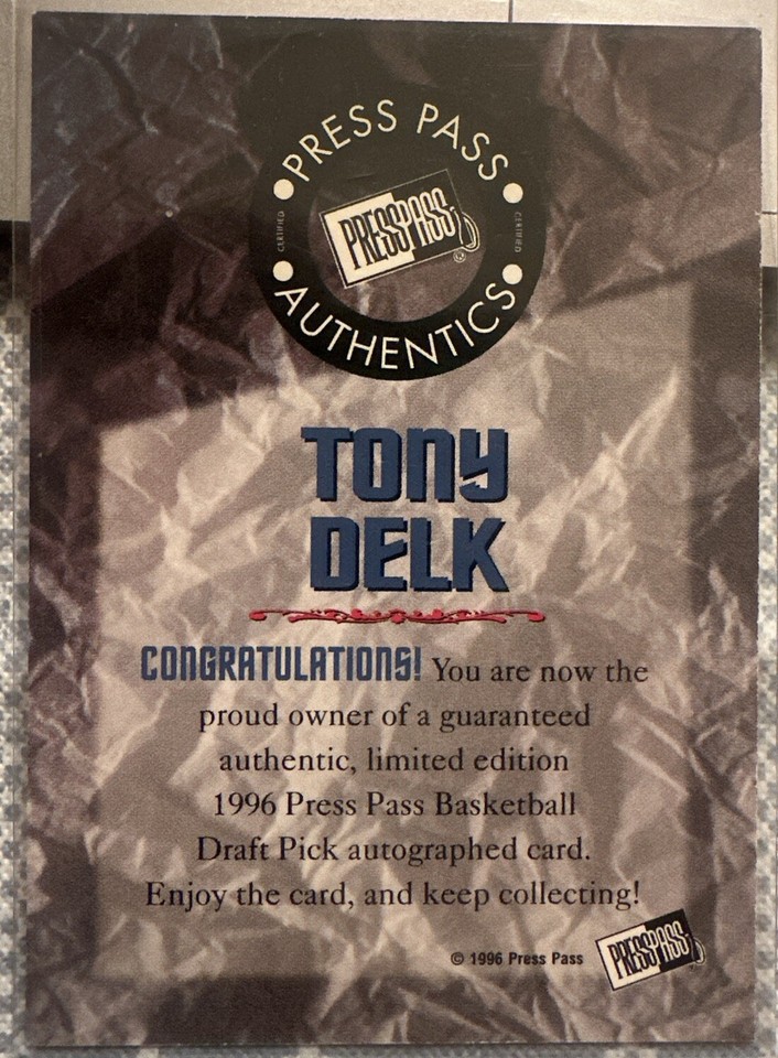 Tony Delk Kentucky Wildcats Basketball Autograph Press Pass Rookie Card ...