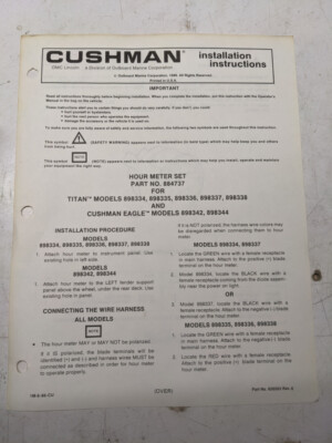 CUSHMAN INSTALLATION INSTRUCTIONS PARTS LIST MANUAL HOUR METER SET ...