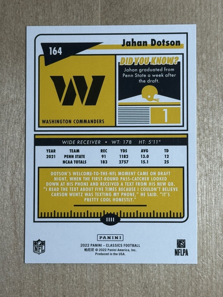 2022 Washington Commanders ROOKIE Johan Dotson Panini Classics ROOKIE ...