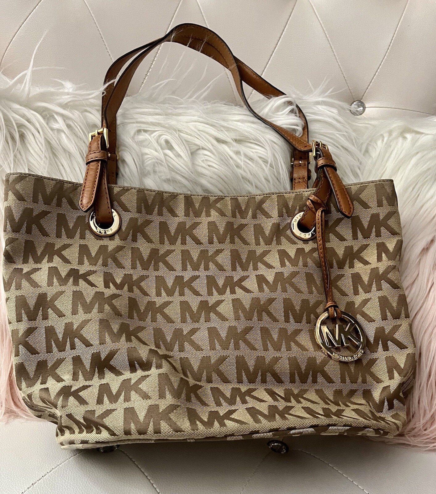 Michael Kors Jet Set Signature Jacquard Tan Luggage C… - Gem