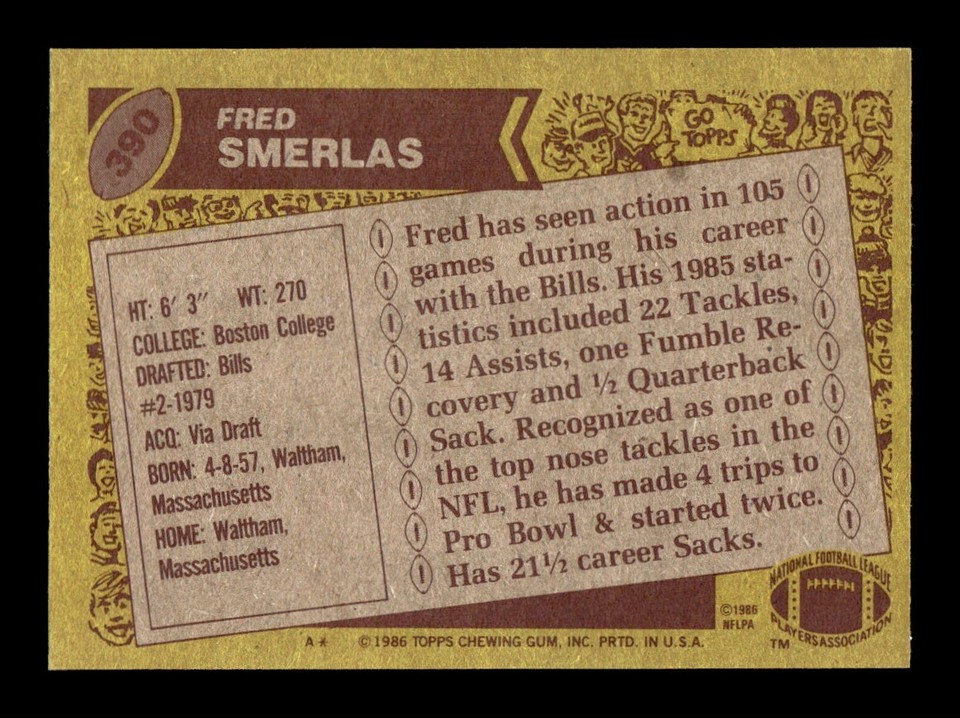 1986 Topps #390 Fred Smerlas | eBay