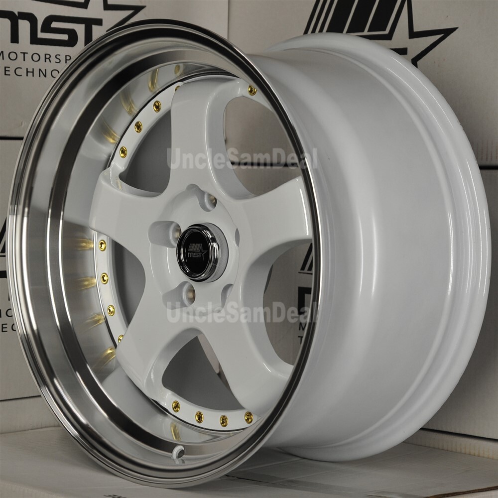 17x9 5x114.3 +20 MST MT07 GLOSS WHITE 5 SPOKES MACHINE LIP GOLD RIVET ...