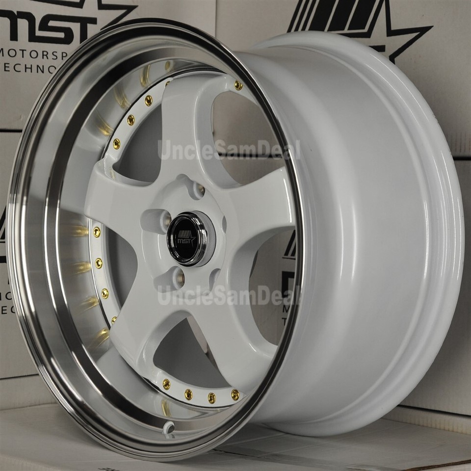 17x9 5x114.3 +20 MST MT07 GLOSS WHITE 5 SPOKES MACHINE LIP GOLD RIVET ...