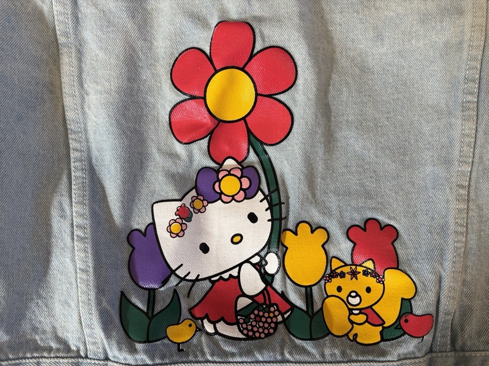 Women’s HELLO KITTY Blue DENIM Jean JACKET Cat Flower Rare Sanrio L XL ...