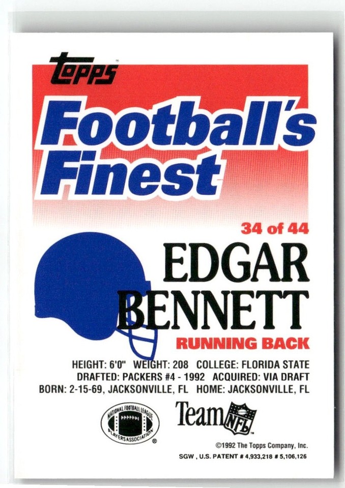 1992 Finest #34 Edgar Bennett Green Bay Packers | eBay