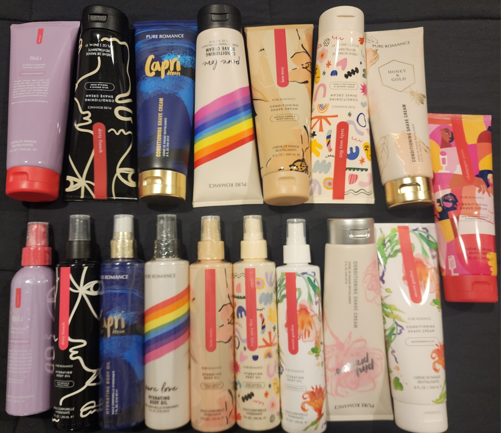 Pure Romance Lot- 10 Coochy Conditioning Shaving Cream ~ 7 Body Dew Oil ...