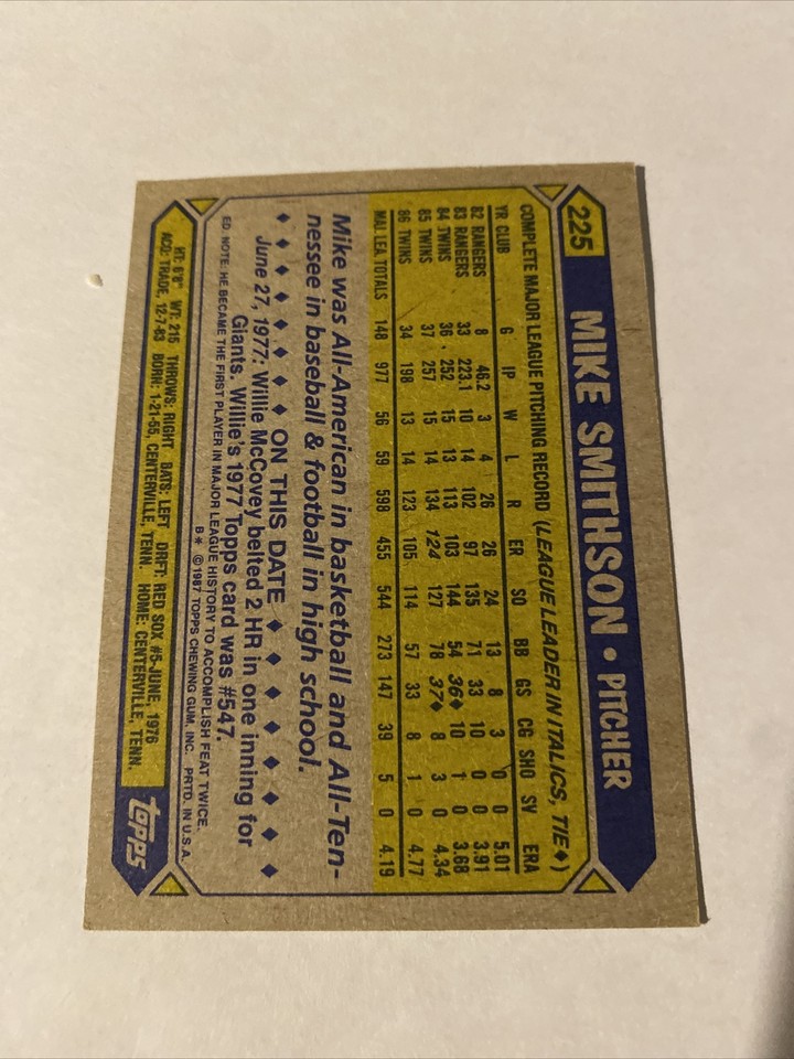 Mike Smithson #225 signed autograph auto 1987 Topps Baseball Trading ...
