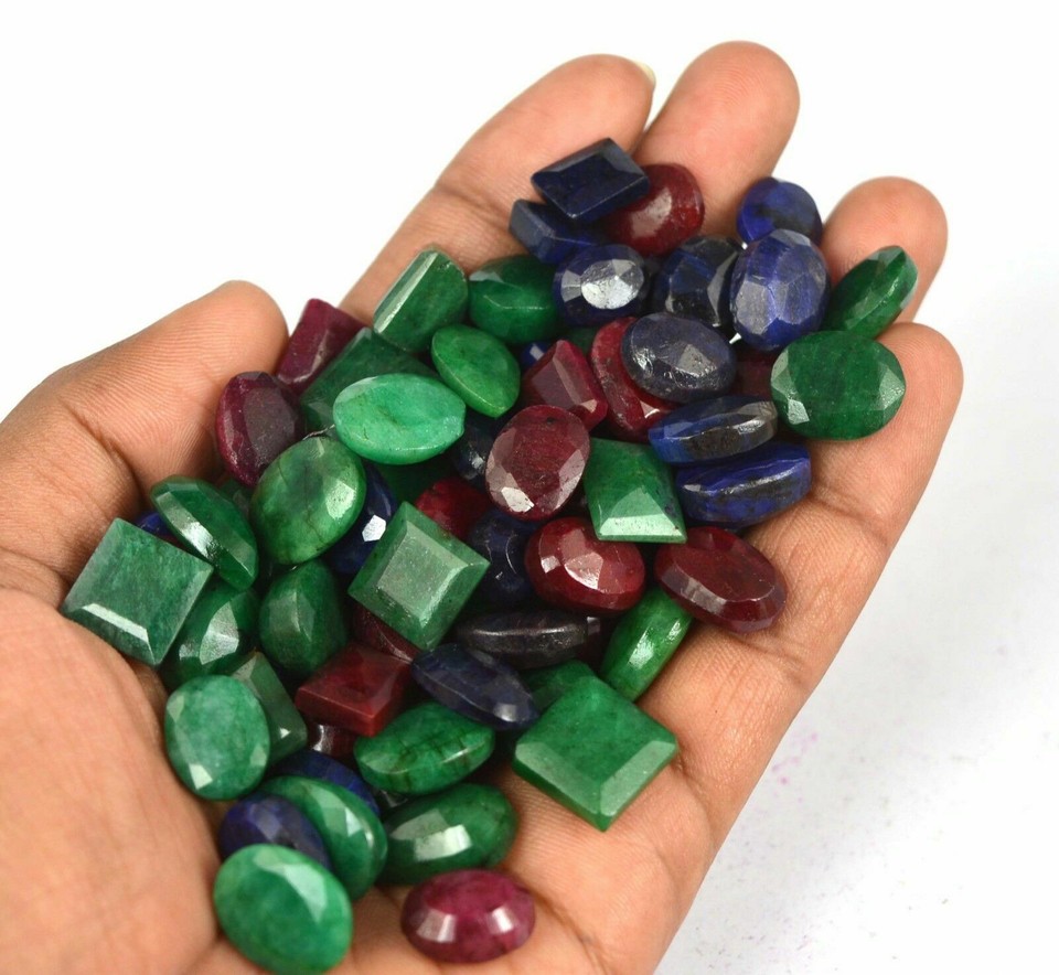 100 Ct./7 Pcs Natural Emerald Ruby Sapphire Mix Faceted Cut Loose ...