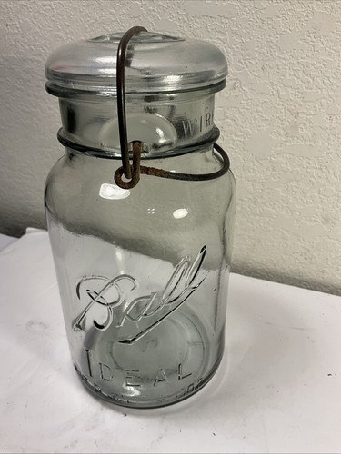 Ball Ideal Mason Jar PAT JULY 14 1908 1 Quart W/Wire Bale Glass Lid #3 ...