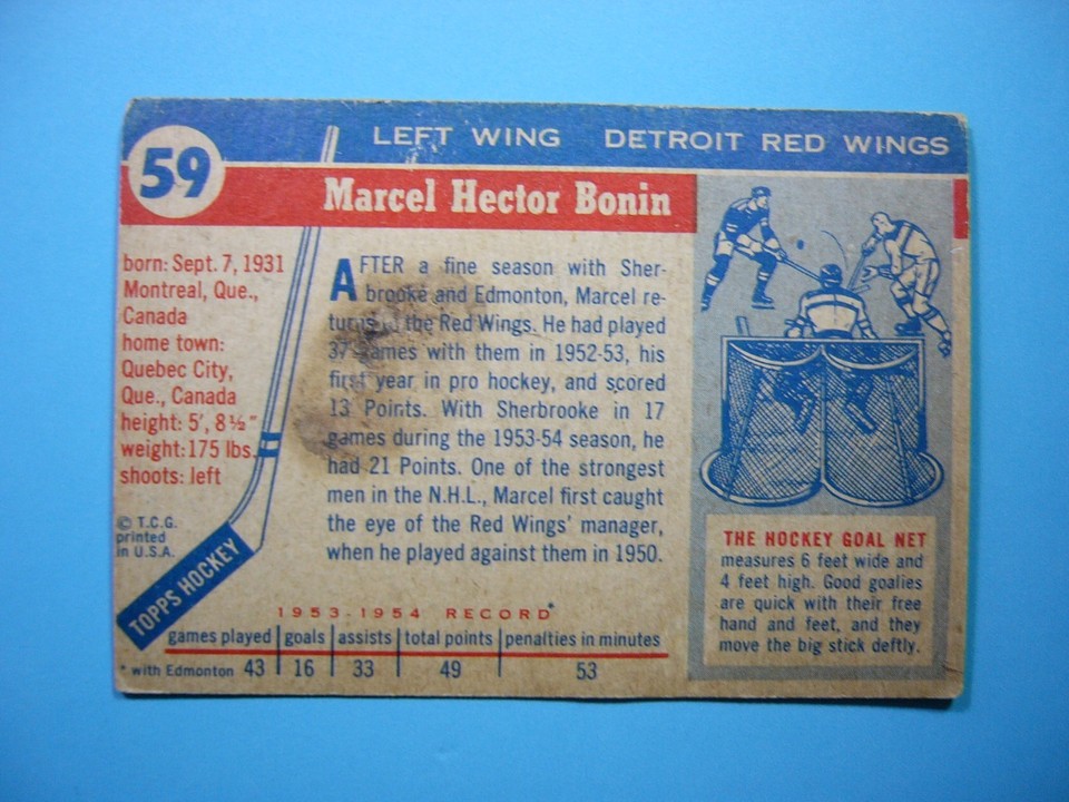 1954/55 TOPPS NHL HOCKEY CARD #59 MARCEL BONIN VG ST 54/55 TOPPS | eBay