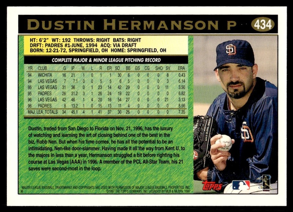 1997 Topps Baseball Card Dustin Hermanson San Diego Padres #434 | eBay