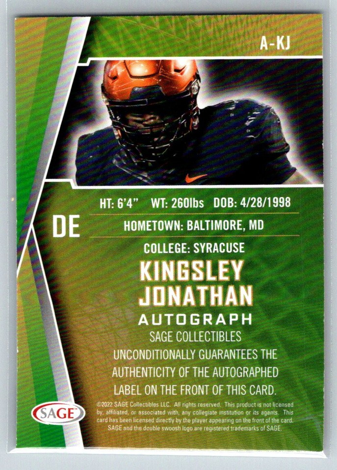 2022 Sage High Series Football Base Auto #A-KJ Kingsley Jonathan ...