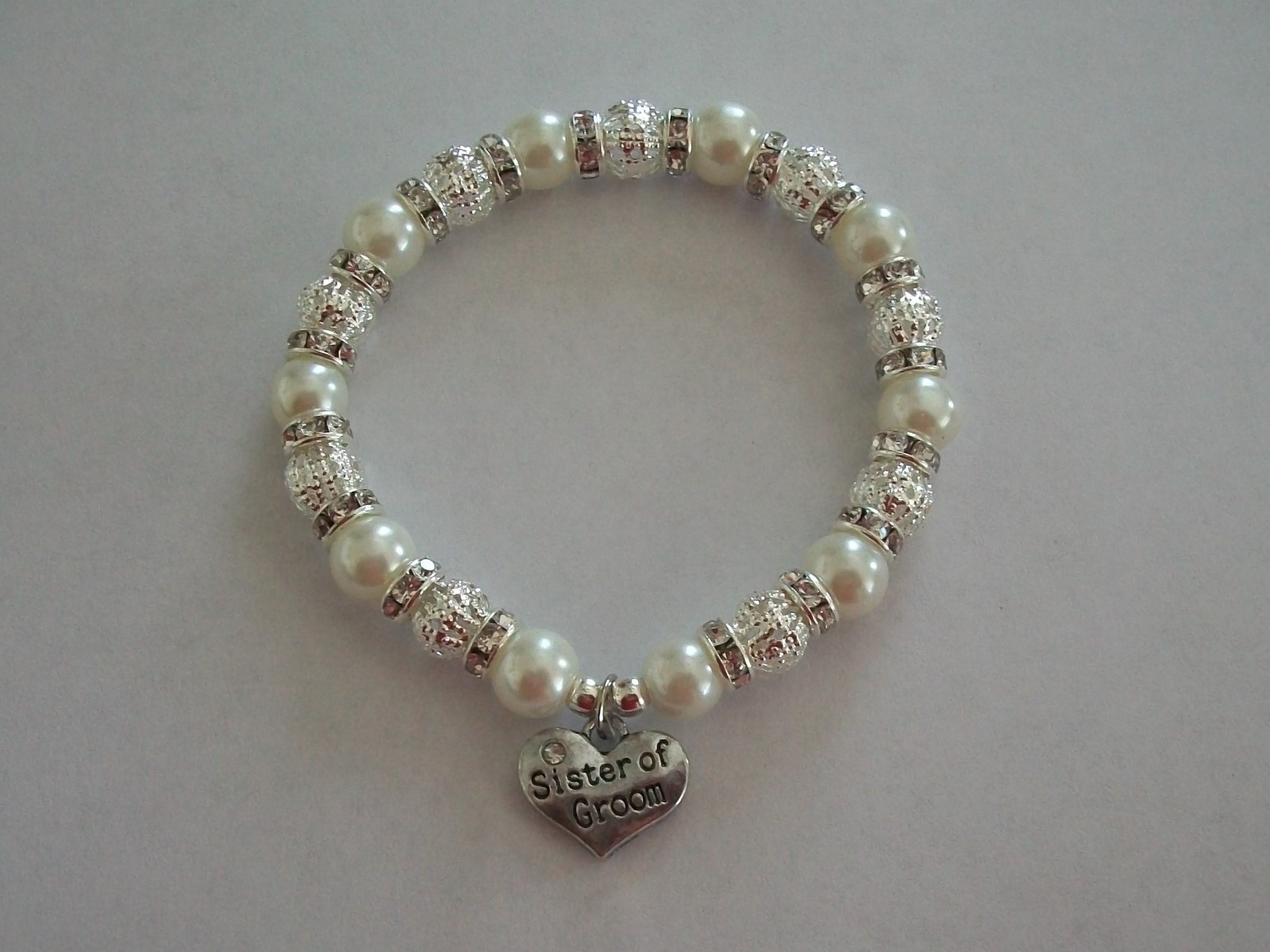 White Glass Pearl & Rhinestone Heart Wedding Charm Bracelet,Choice of ...