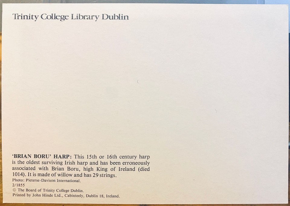 Irish Postcard BRIAN BORU HARP Trinity College Dublin Ireland John ...
