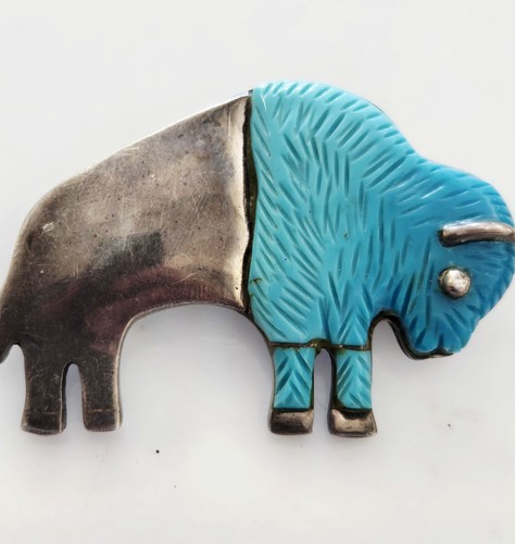 WOW Vintage Handmade NAVAJO Buffalo Bison Carved Turquoise Pin Pendant ...