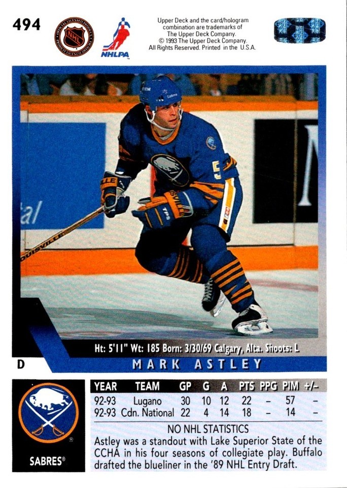 1993 Upper Deck Mark Astley #494 Buffalo Sabres Hockey Card | eBay