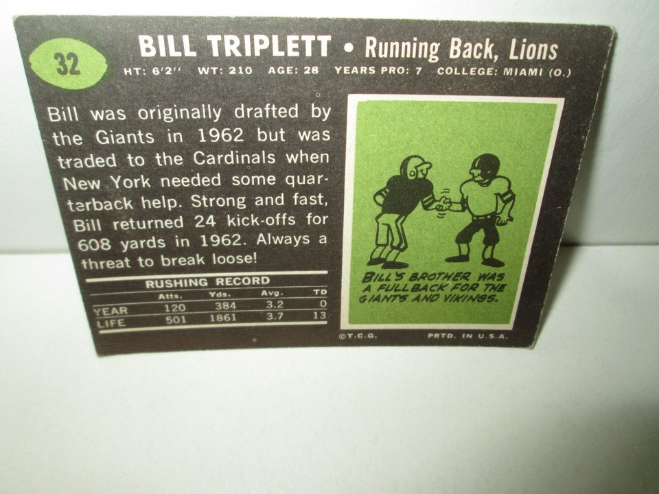 BILL TRIPLETT 1969 football card Topps #32 Vintage DETROIT LIONS RB Exc ...
