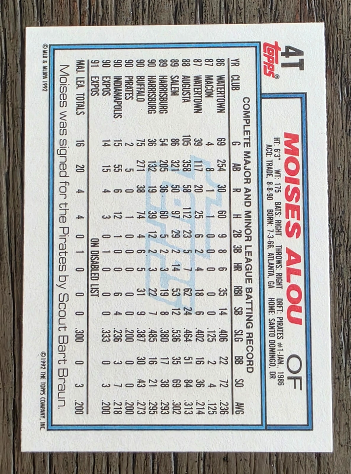MOISES ALOU Signed 1992 Topps Traded #4T Montreal Expos Card Autograph ...