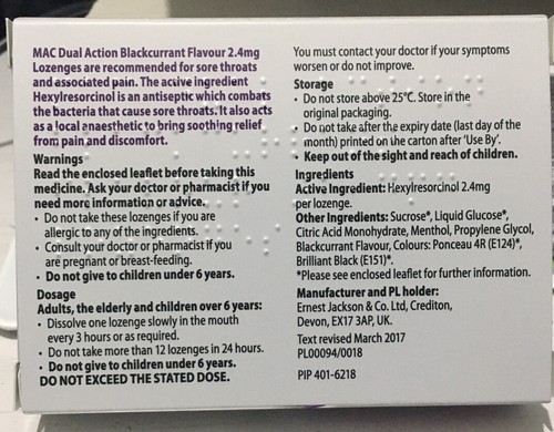 MAC Dual Action LOZENGES-2.4mg Lozenges -16 x Blackcurrant- Original In ...