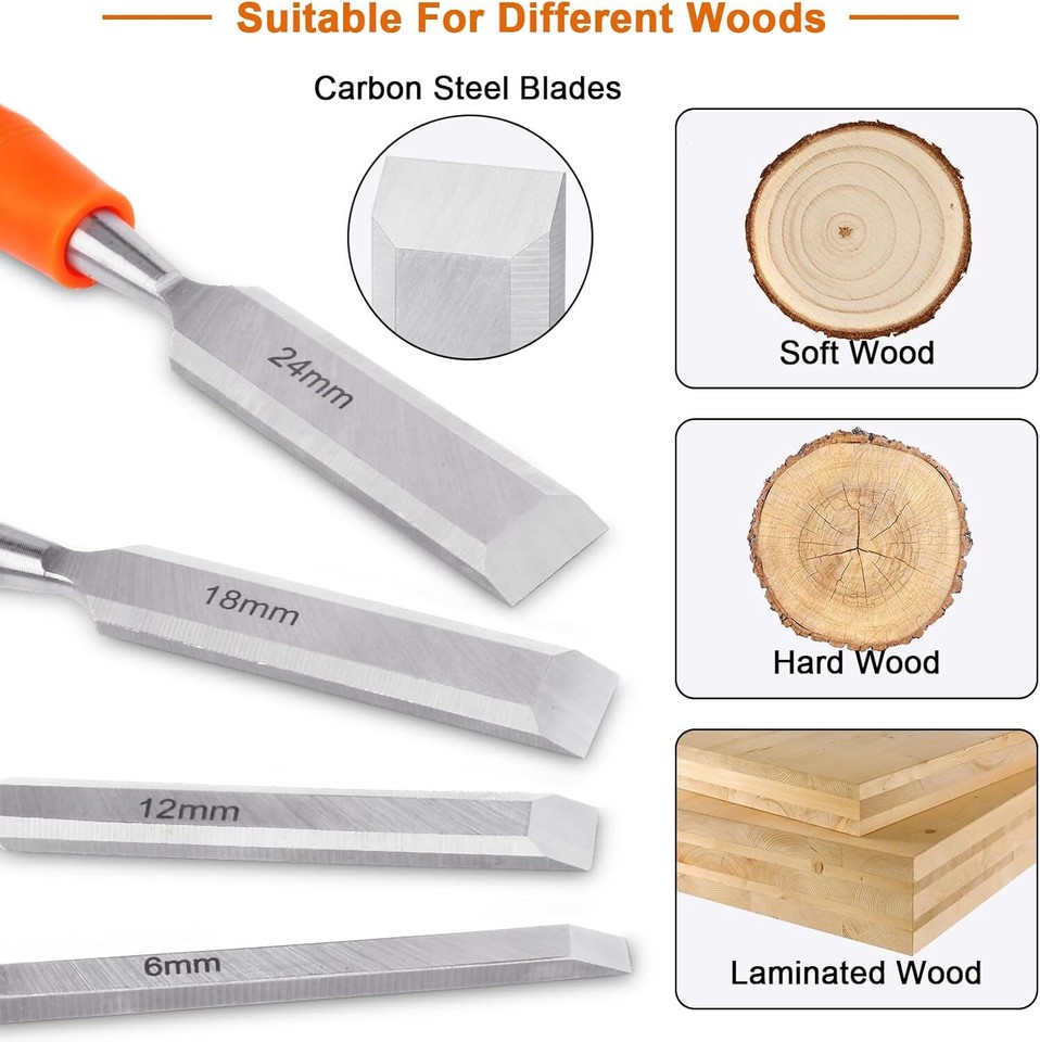 4 Piece Wood Chisel Woodworking Tools Set Wood Chisels Steel Hammer End ...