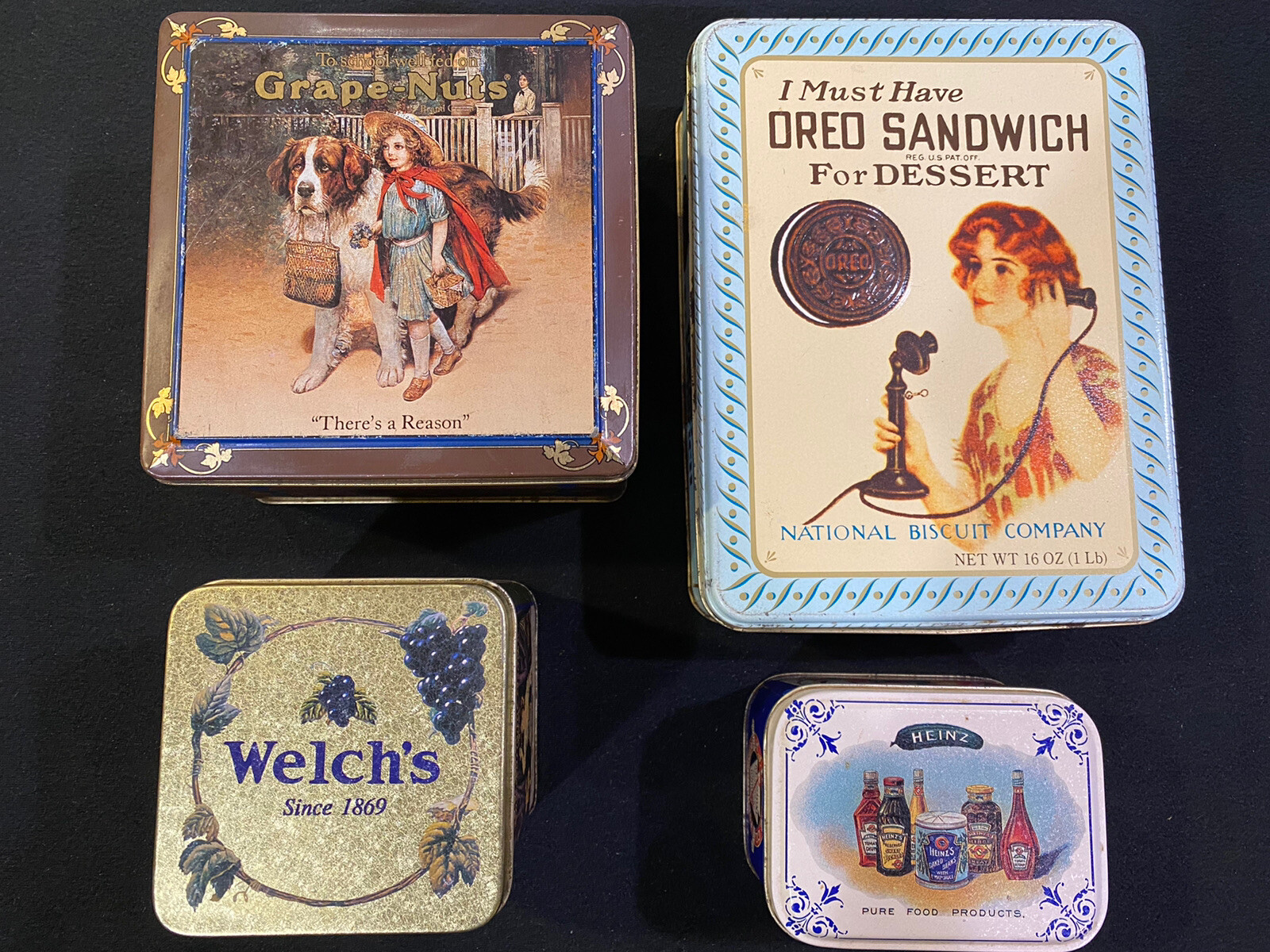 Lot of 4 VINTAGE Advertising Tin Boxes - Oreo, Heinz, Welch's, Grape ...