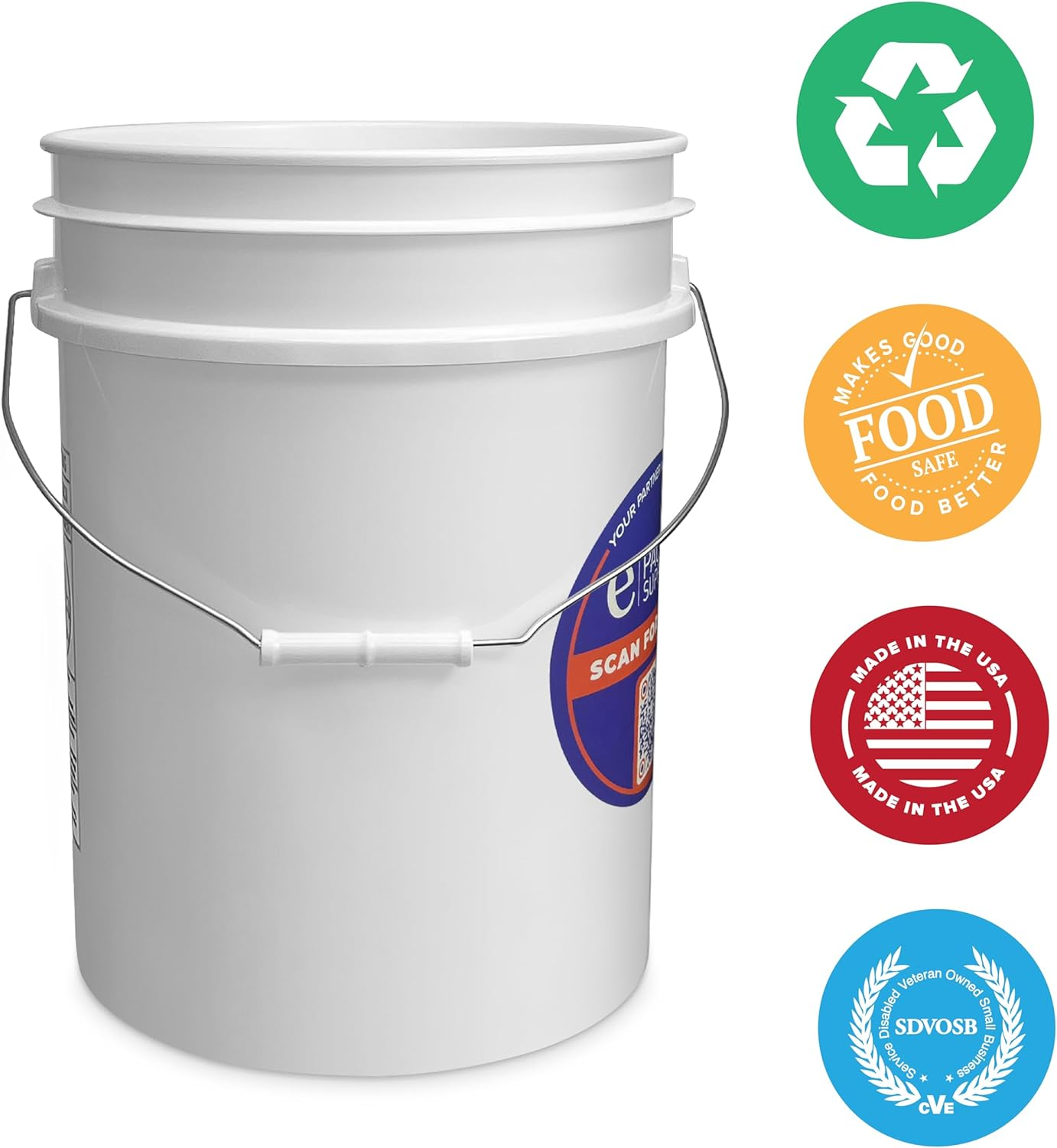 , 5 Gallon White Bucket & Lid - Durable 90 Mil All Purpose Pail - Food ...