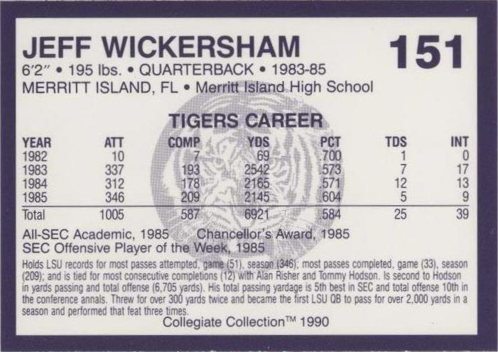 1990 Collegiate Collection LSU Tigers Jeff Wickersham #151 for sale | eBay