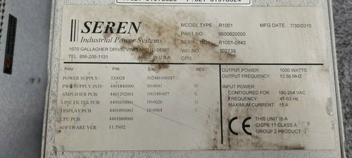 SEREN R1001 Radio Frequency Power Supply, 1000WATTS 13.56MHZ, PN ...