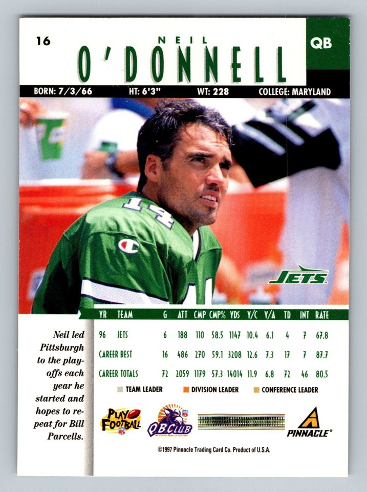 Neil O'Donnell 1997 Pinnacle #16 New York Jets | eBay