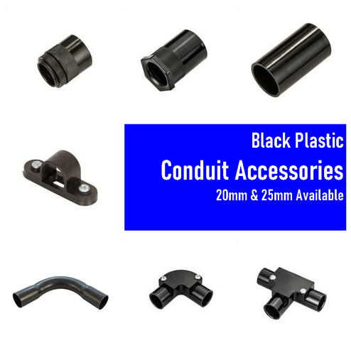 20MM AND 25MM BLACK PLASTIC CONDUIT ACCESSORIES SADDLES ADAPTORS LIDS ...