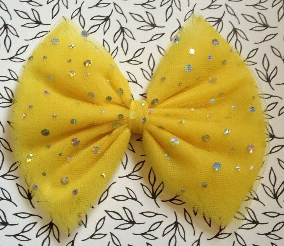 BIG OVERSIZED SPARKLE SEQUIN TULLE BOW HAIR CLIP GRIP 80s STYLE RETRO ...