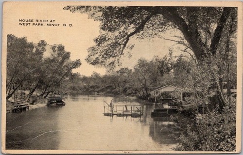 MINOT, North Dakota Postcard "MOUSE RIVER AT WEST PARK" Ferry Scene ...