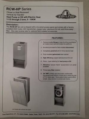 FIRST COMPANY 18RCW8HP VERTICAL FAN COIL 18,000 BTU - W/8 KW HEAT - BR2 ...