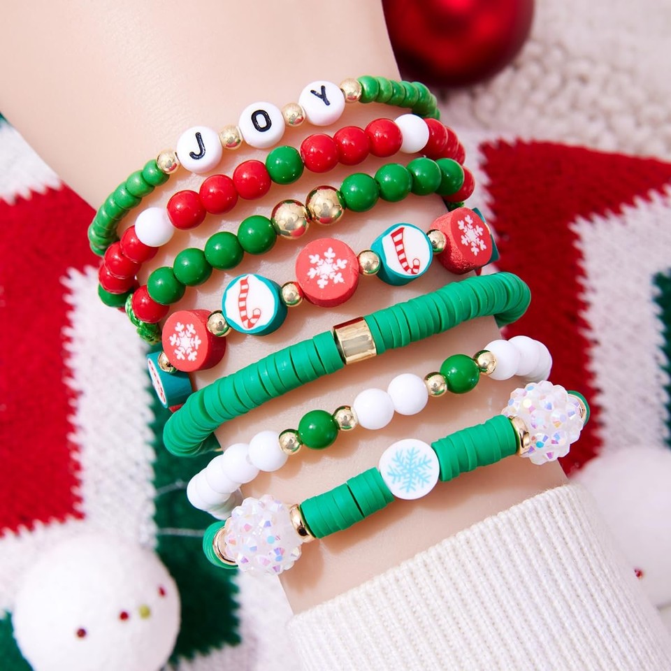 Christmas Stackable Beaded Holiday Bracelets Set for Women Elastic ...