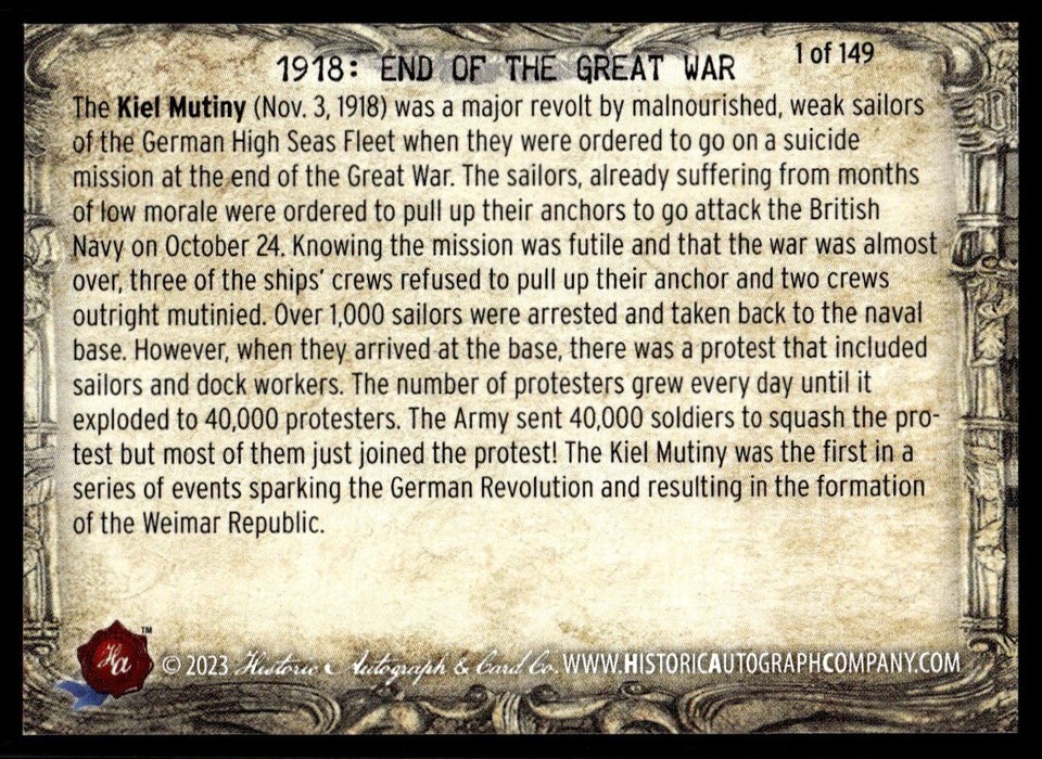 2023 Historic Autograph Co. 1918 #181 German Naval Mutiny /149 | eBay