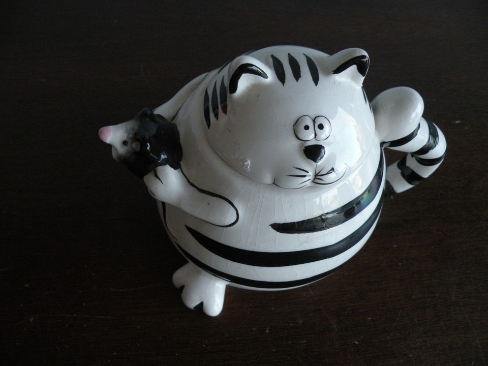 Pier 1 Imports Cat Teapot Chubby Black & White Striped Cat w Mouse ...