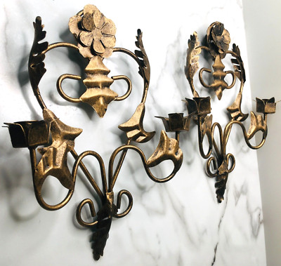 Vintage Pair Italian Tole Metal Wall Sconce Candle Holders Gilded ...