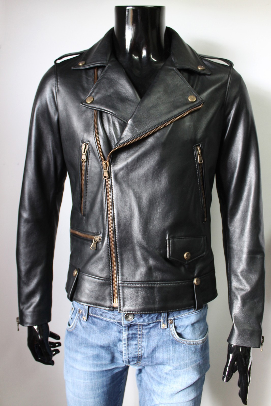 ITALIAN HANDMADE MEN SOFT LAMBSKIN LEATHER MOTO BIKER JACKET BLACK SIZE ...