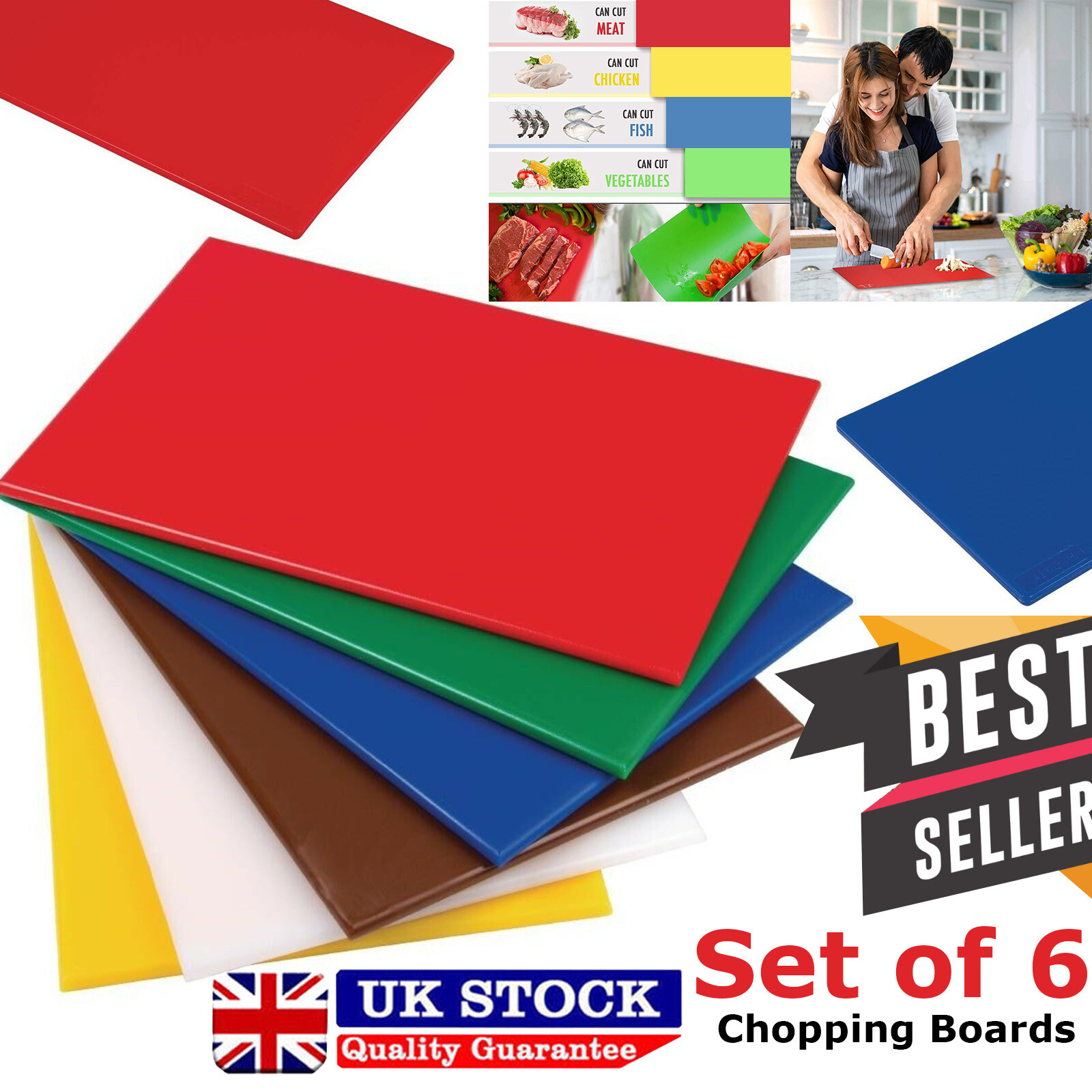 Pack of 6 Colour Coded Kitchen Chopping Board Commercial Cutting Board ...