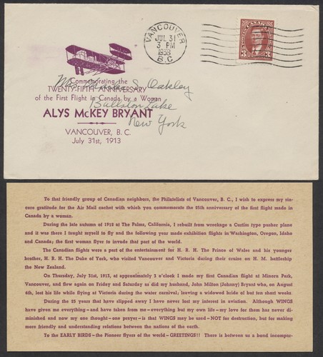 1938 Alys McKey Bryant Flight 25th Anniversary Cover Vancouver BC 3c Surface | eBay